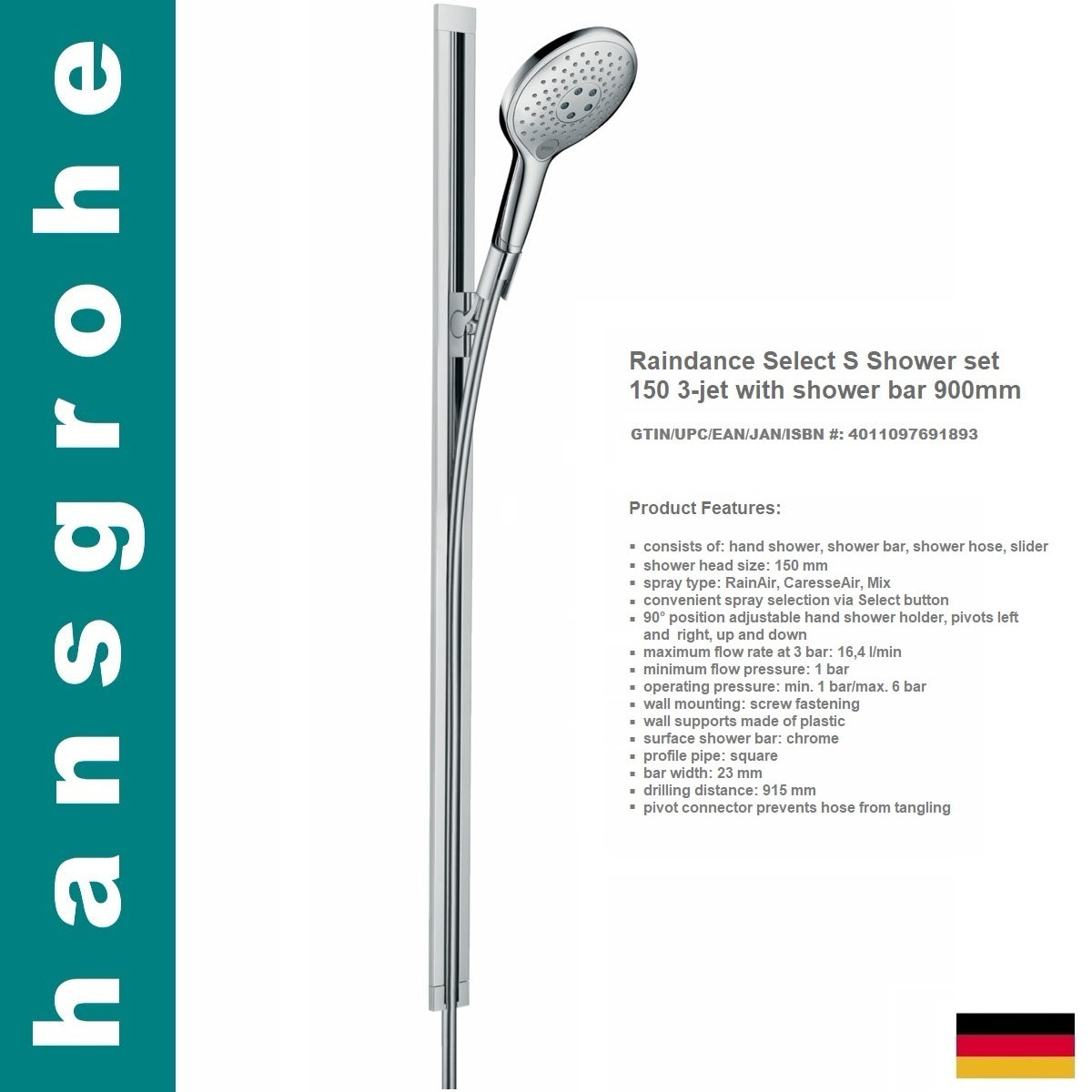 Hansgrohe 26626000 Raindance Select S Shower set 150 3-jet w/shower ba ...