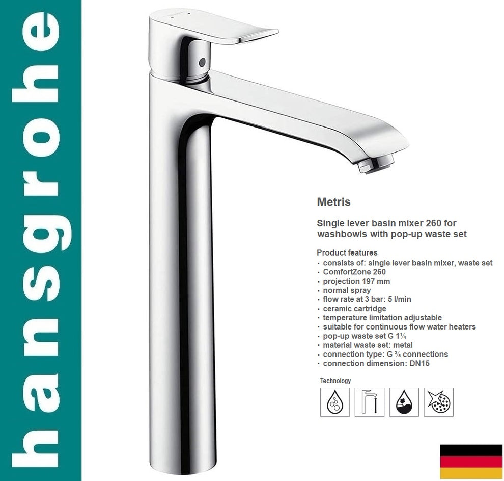 Hansgrohe Metris 31082000 Single lever basin mixer 260 for wash bowls ...
