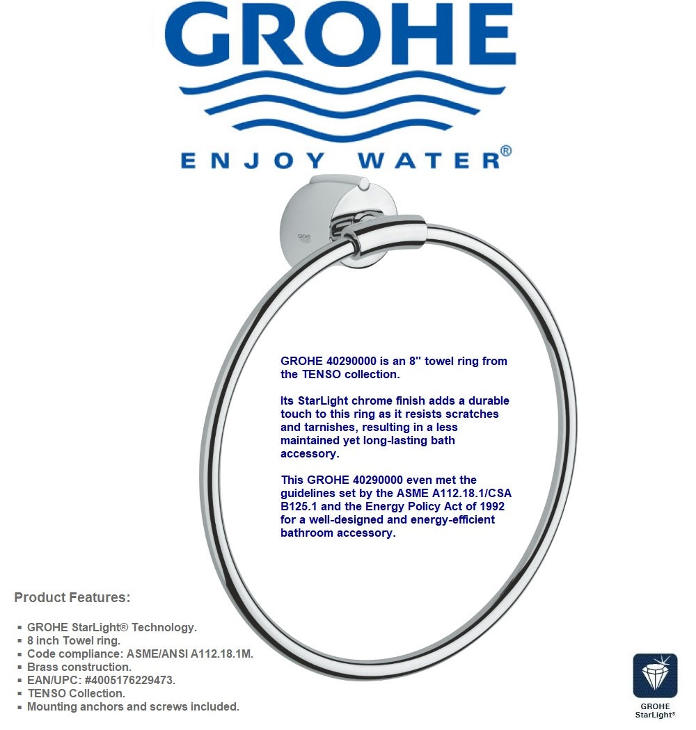 Grohe Tenso 40290000_PAIRS of brass towel ring 8" in StarLight Chrome ...