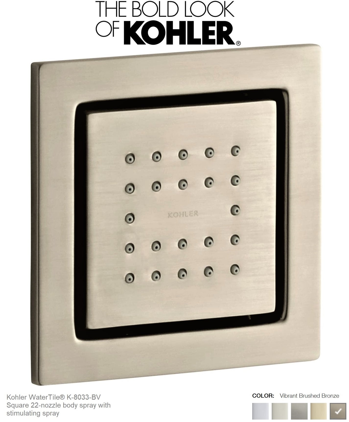 Kohler WaterTile K-8003-BV Square 22-nozzle body spray w/stimulating s ...