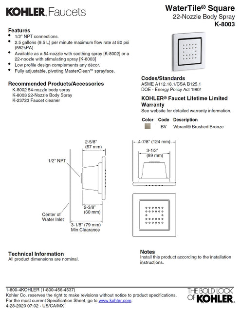 Kohler WaterTile K-8003-BV Square 22-nozzle body spray w/stimulating s ...