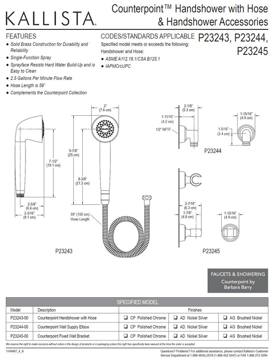 Kallista Counterpoint by Barbara Barry P23243-00-AG Handshower w/59" S ...
