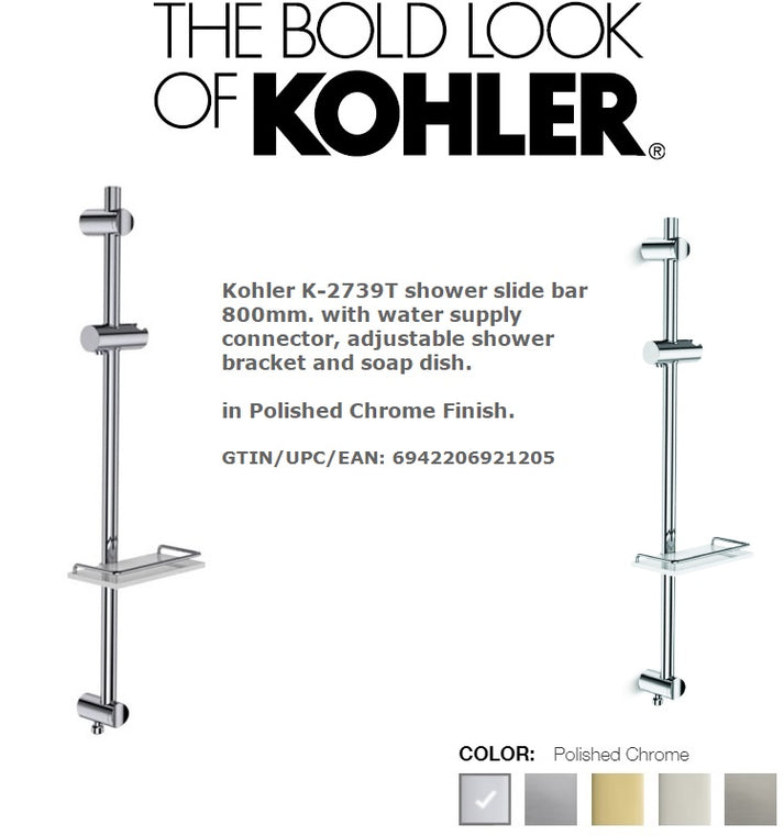 Kohler K-2739T-CP adjustable shower slide bar 800mm +water supply & so ...