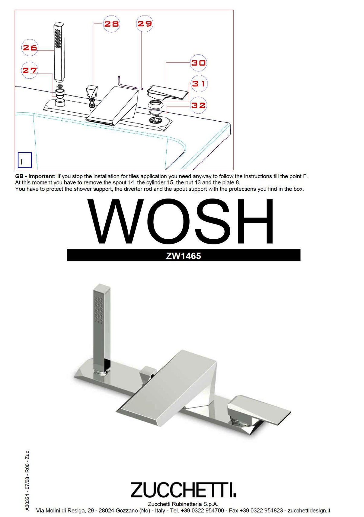 Zucchetti "Wosh" ZW1465 D.M 4-Hole Bath Mixer w/Diverter+Shower Set ...